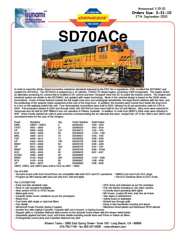 Athearn Genesis SD70ACe pre-order sheet