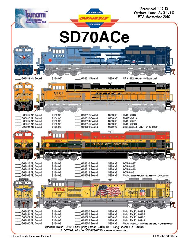 Athearn Genesis SD70ACe pre-order sheet