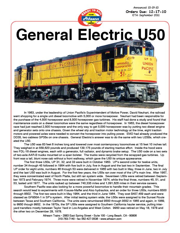 Athearn RTR GE U50 pre-order sheet